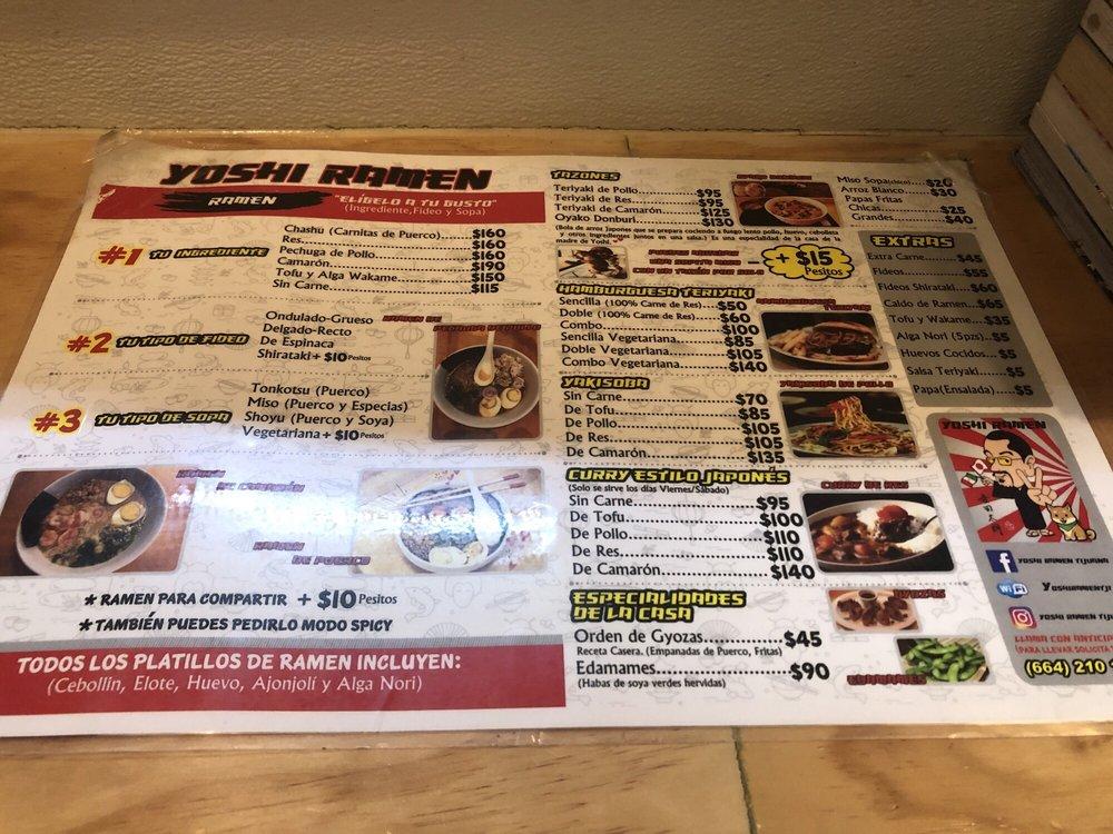 Carta del restaurante Yoshi Ramen, Tijuana