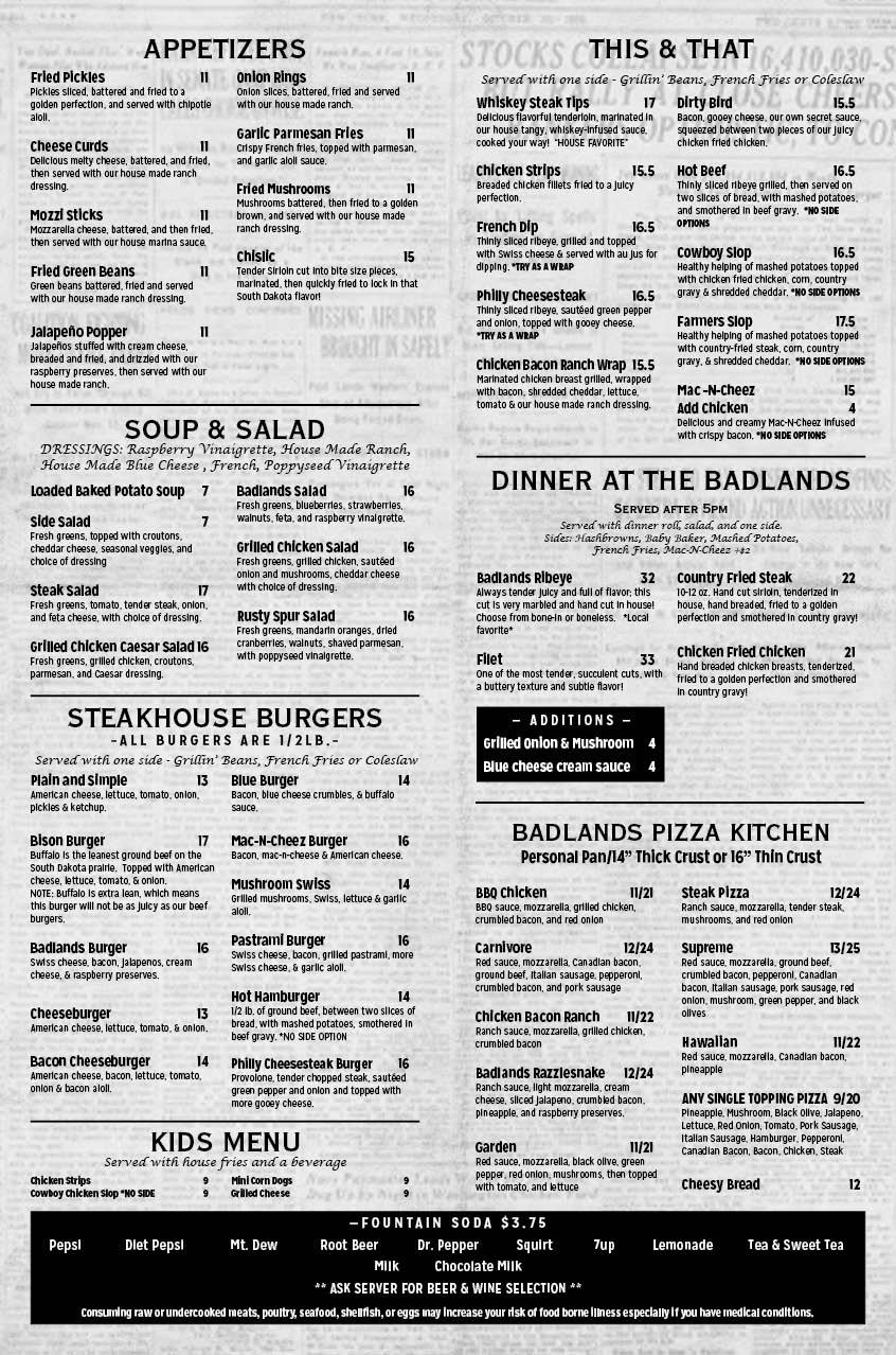 Menu at Badlands Saloon & Grille pub & bar, Wall