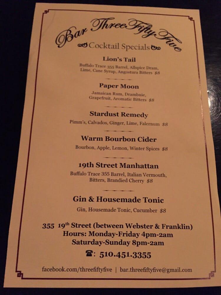 Menu at Bar 355, Oakland