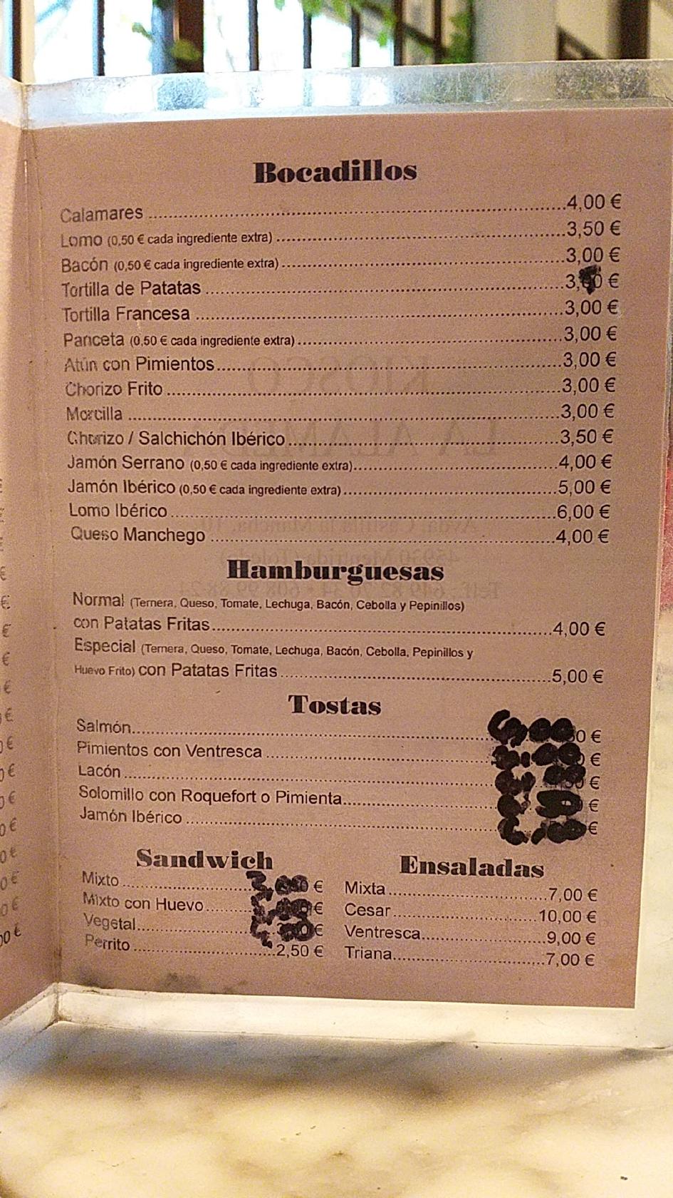 Carta de Bar Kiosko la Alameda, Méntrida