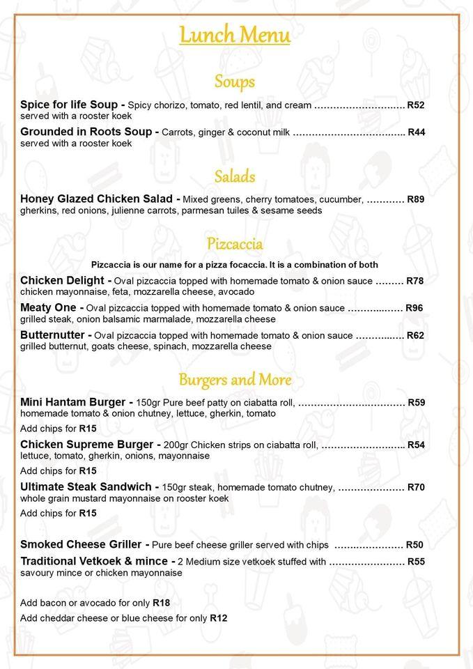 Menu at Fig on the rock restaurant, Brakpan