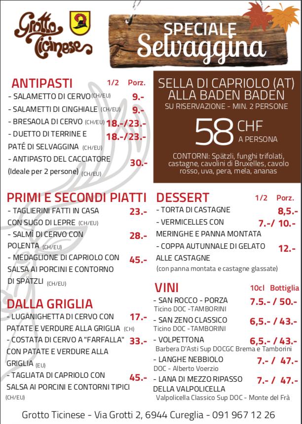 Menu at Grotto Ticinese, Cureglia, Via Grotti 2