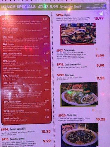 Menu at Los Rancheros restaurant, Santa Rosa Beach