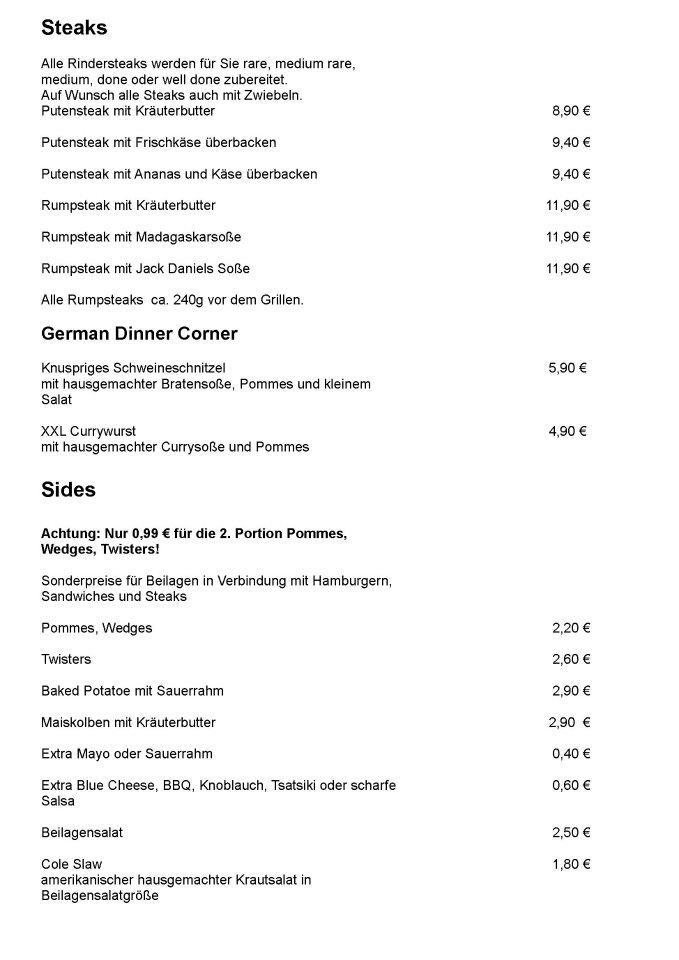 Menu at Mad Max American Diner restaurant, Eggenstein-Leopoldshafen