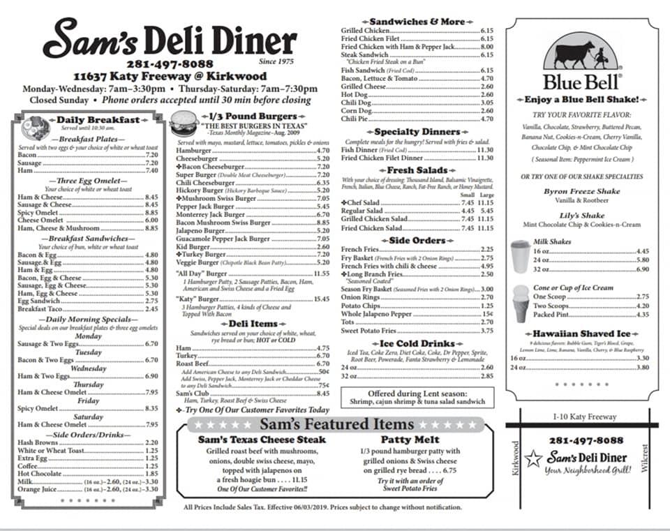 Menu at Sam's Deli Diner restaurant, Houston, B Katy Fwy