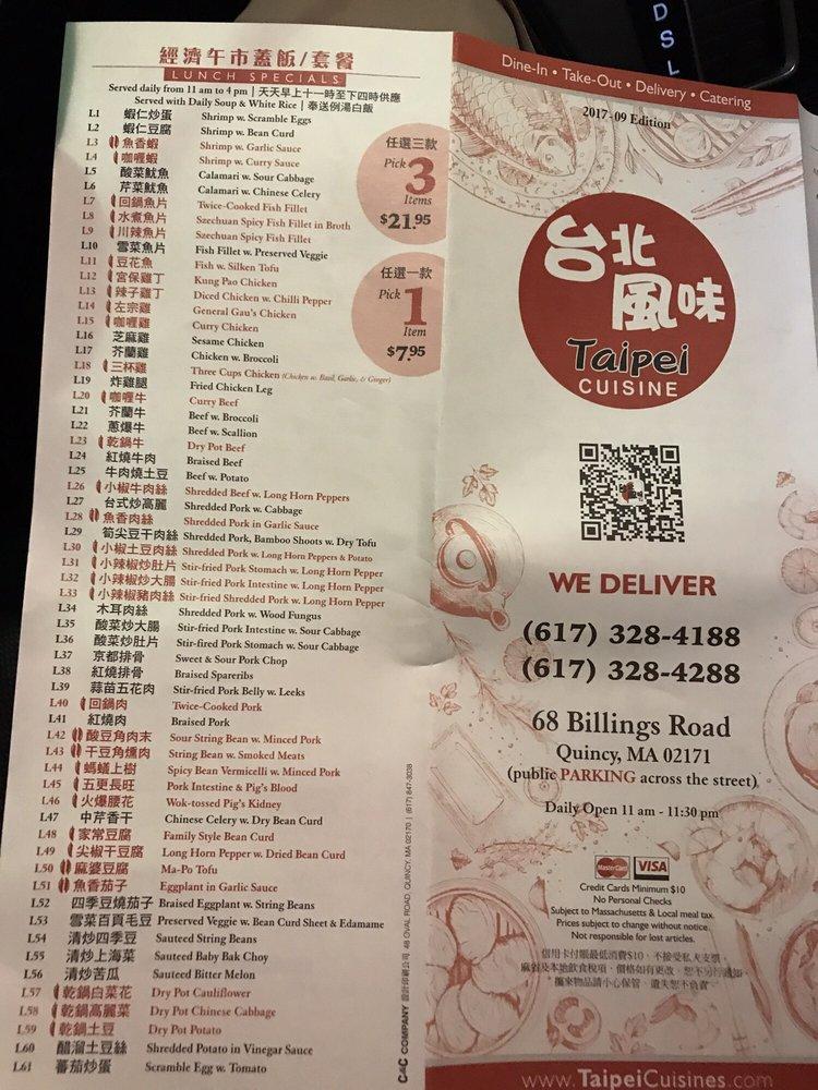 Menu at Taipei Cuisine restaurant, Quincy, 68 Billings Rd