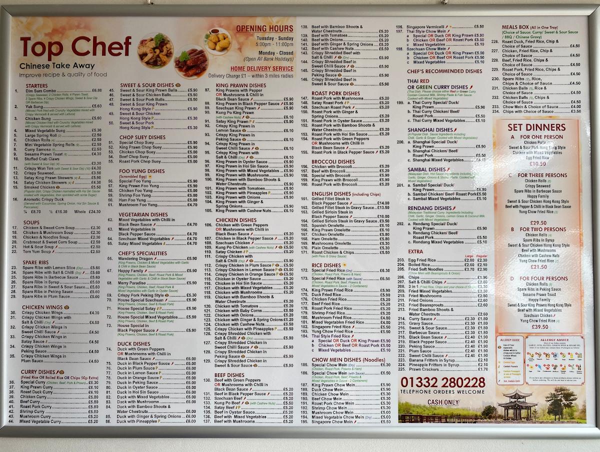 Menu at Top Chef fast food, Derby, 45 Smalley Dr
