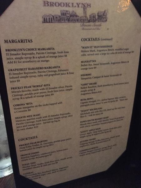 Menu at Brooklyn's Down South restaurant, Buda