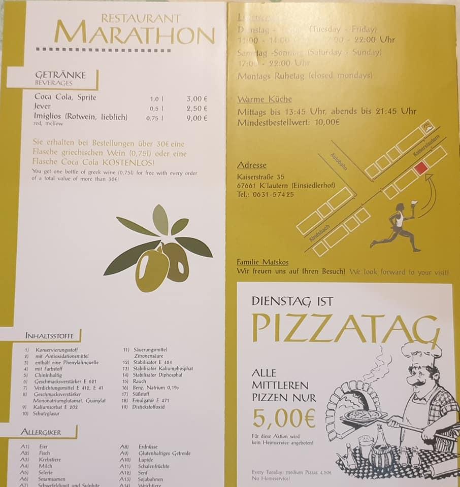Menu at Marathon restaurant, Kaiserslautern