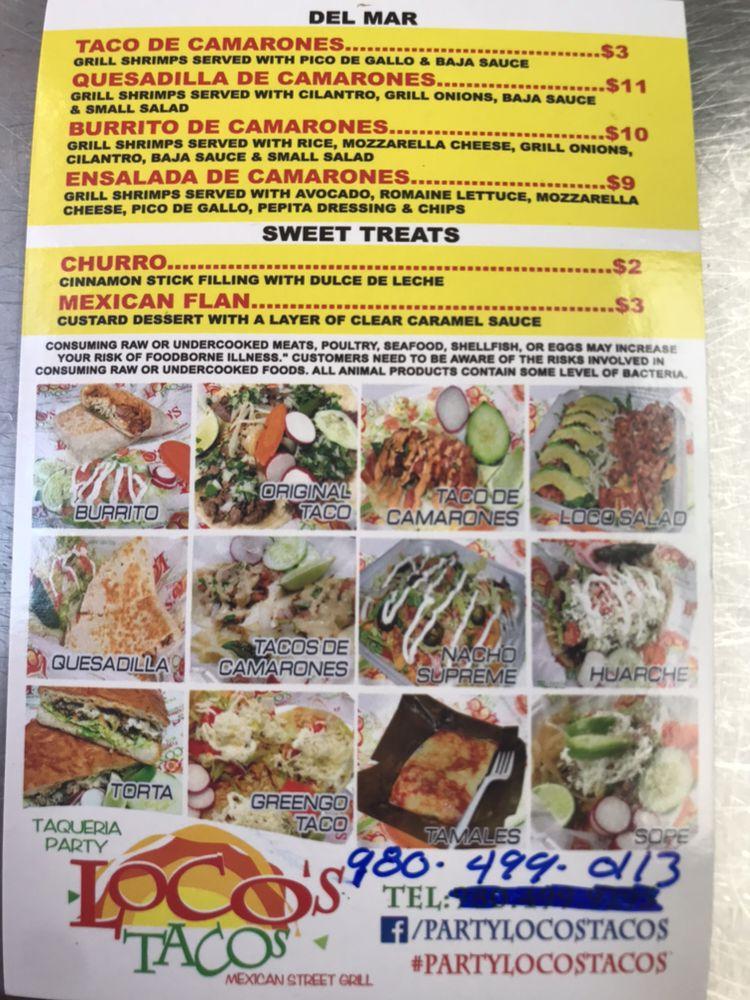 Carta de Party loco's Tacos, Charlotte, N Tryon St