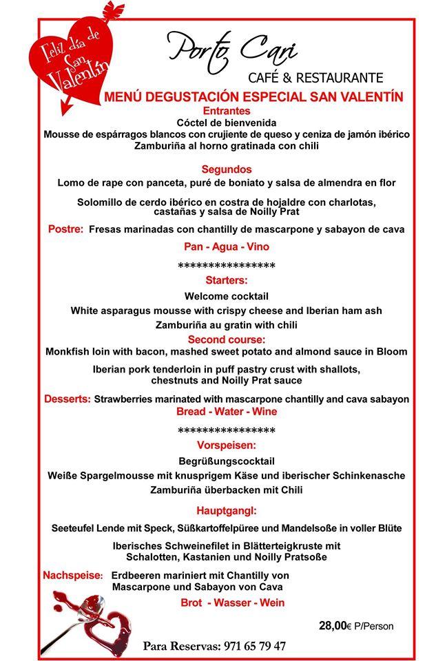 Carta de Porto Cari Restaurant & Cafe, Cala D'or