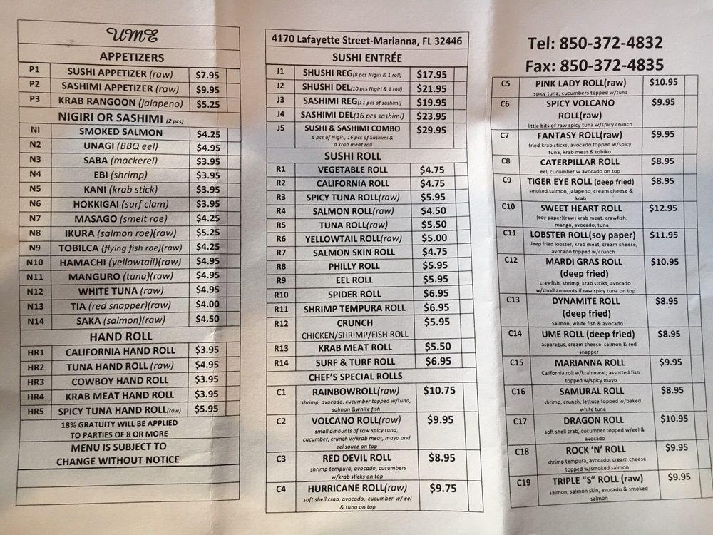 Menu at UME Japanese and Chinese Restaurant, Marianna