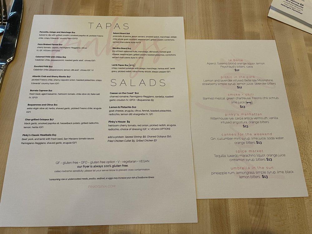 Menu at Pinky's restaurant, Richmond