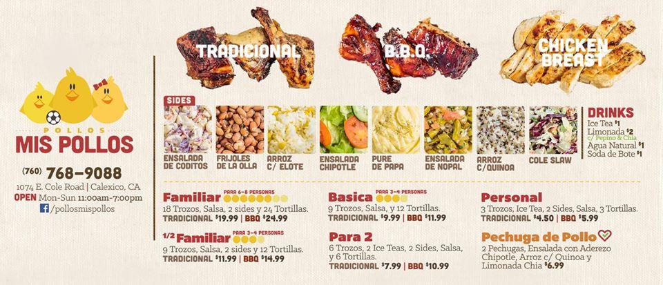 Menu at Pollos MI Pollo restaurant, Calexico