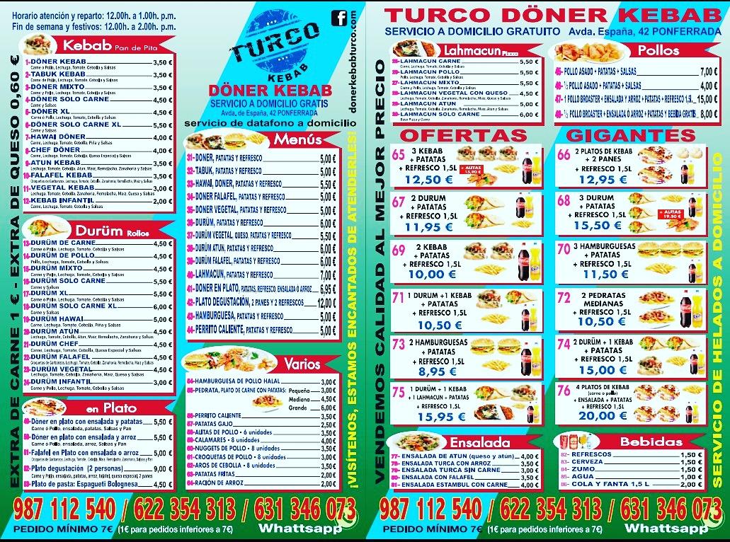 Menu at Restaurante Turco Kebab Pizza, Ponferrada
