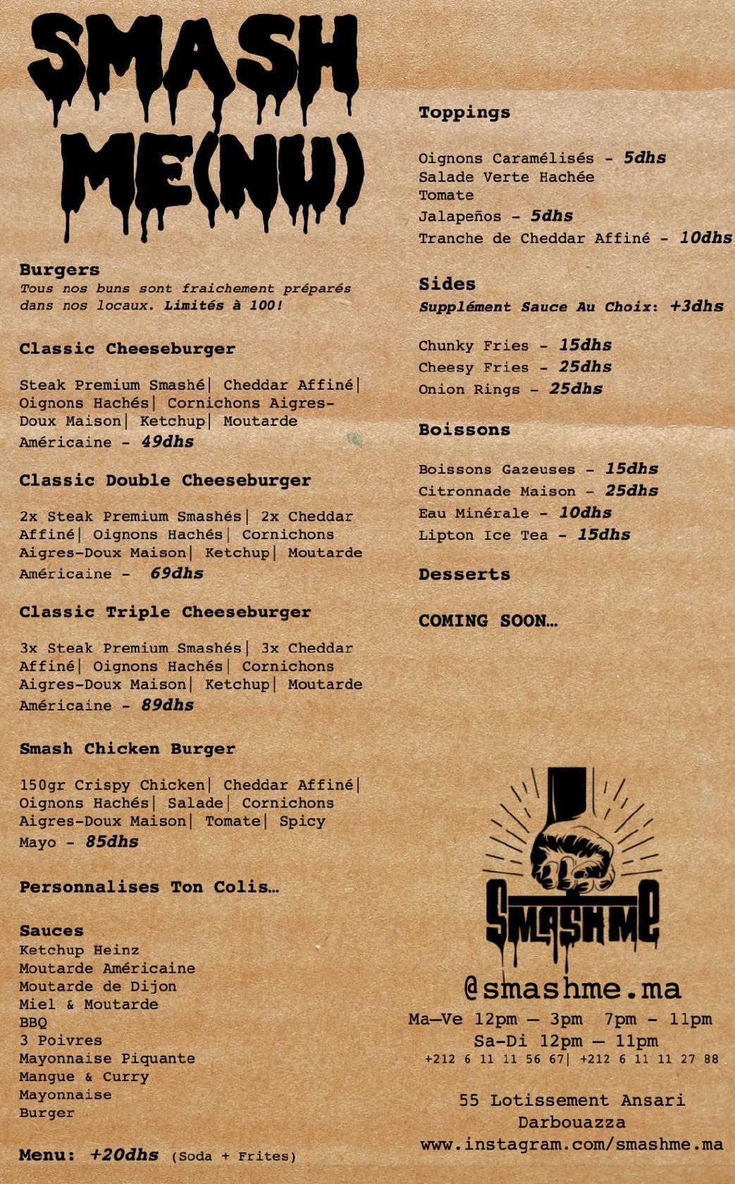 Speisekarte von SMASH ME Burger, Casablanca