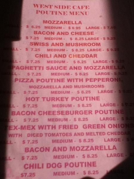 Menu at Westside Cafe, Sault Ste. Marie