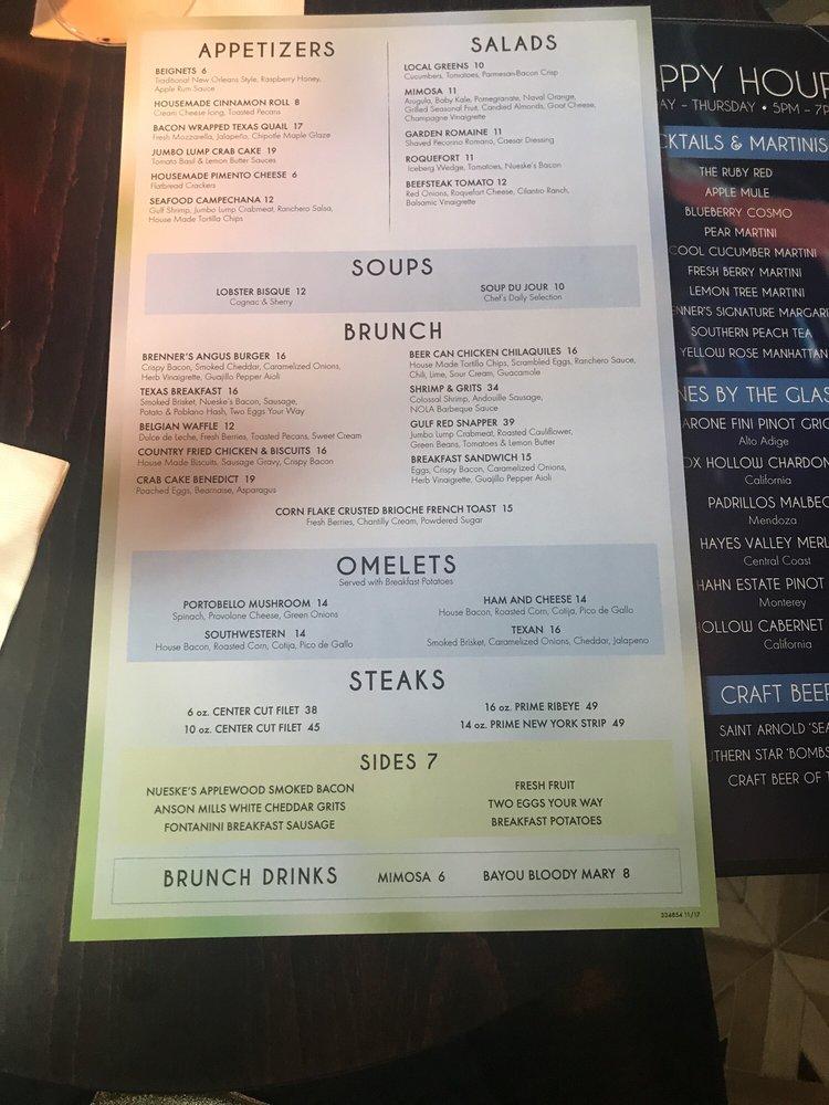 Menu at Brenner's on the Bayou steakhouse, Houston, 1 Birdsall St