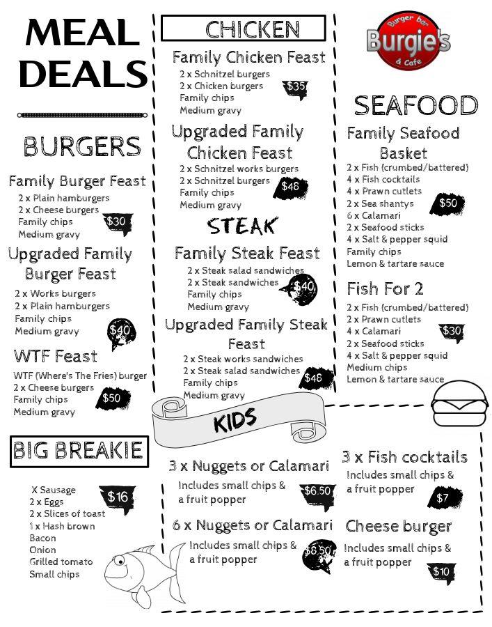 Menu at Burgie's Burger Bar & Cafe, Dubbo