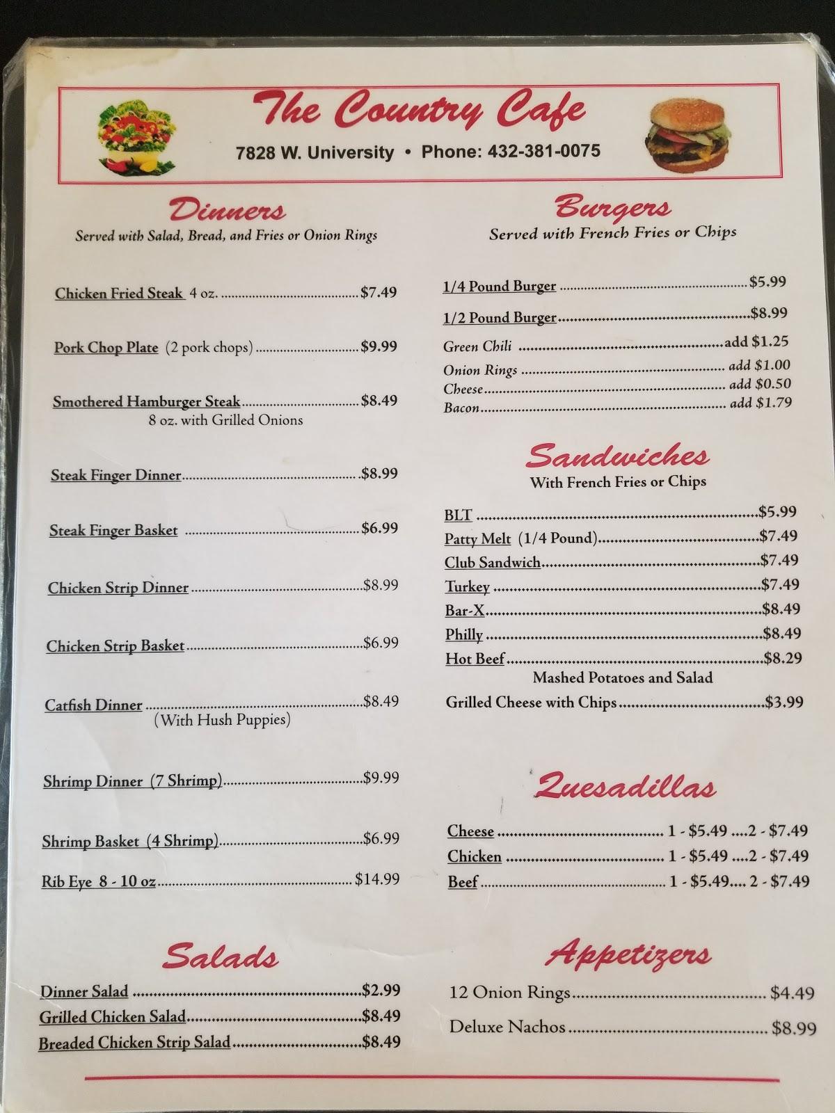 Menu at COUNTRY CAFE, Odessa, W University Blvd