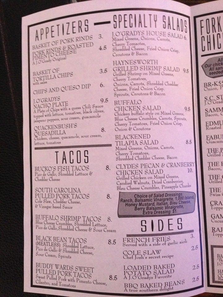 Menu at J O’Gradys pub & bar, Sumter