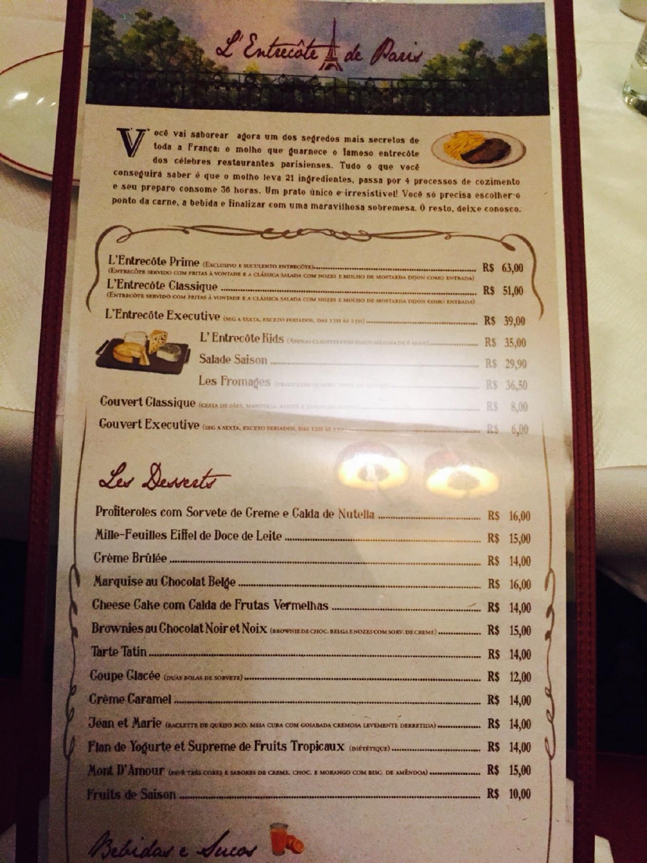 Menu at L'Entrecôte de Paris restaurant, Curitiba