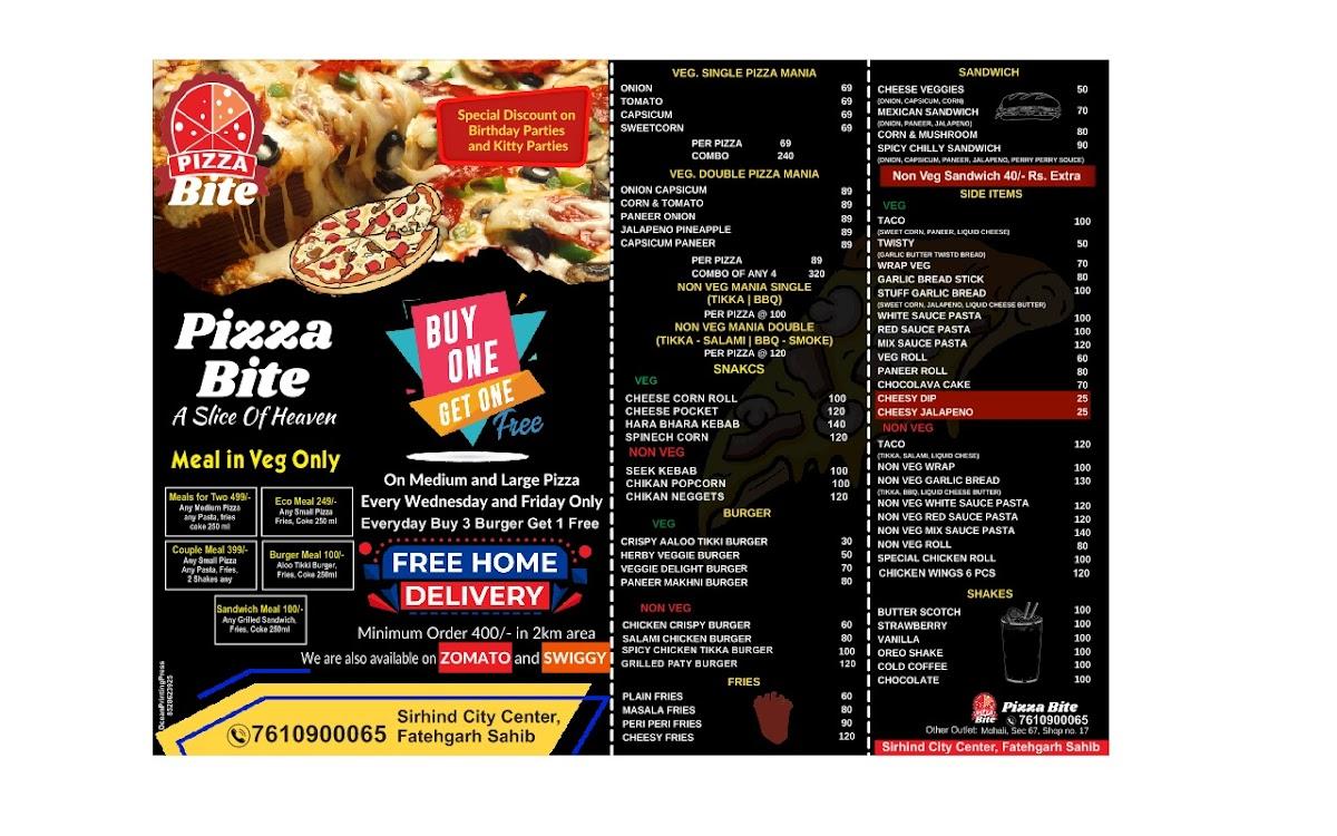 Menu at Pizza bite, Sirhind
