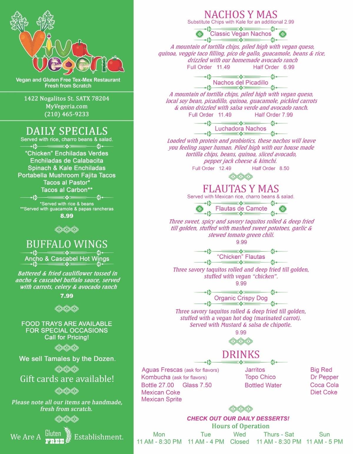 Menu at Viva Vegeria restaurant, San Antonio