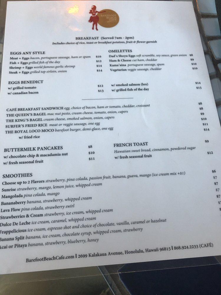 Menu at Barefoot Beach Cafe @ Queen's Surf Beach, Honolulu, Kalākaua Ave