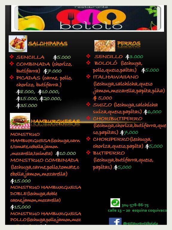 Menu at Bololo restaurant, Riohacha