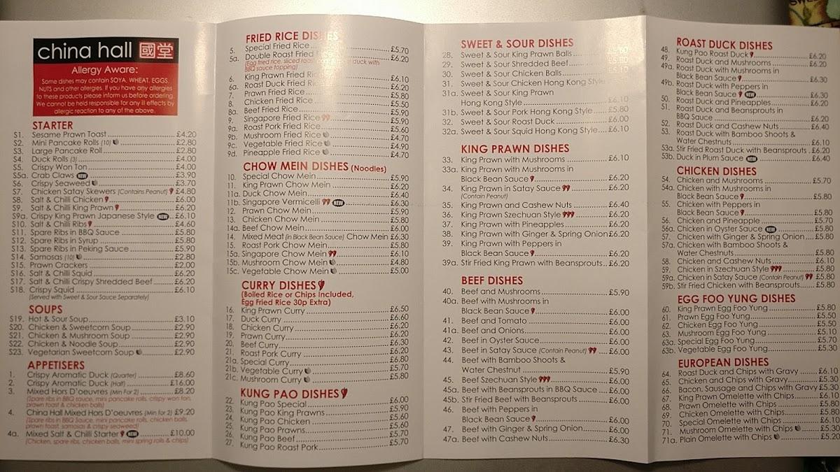 Menu at China Hall fast food, Southam