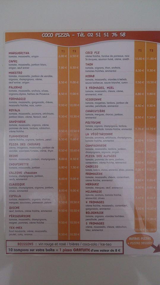 Menu at Coco Pizza pizzeria, Vix