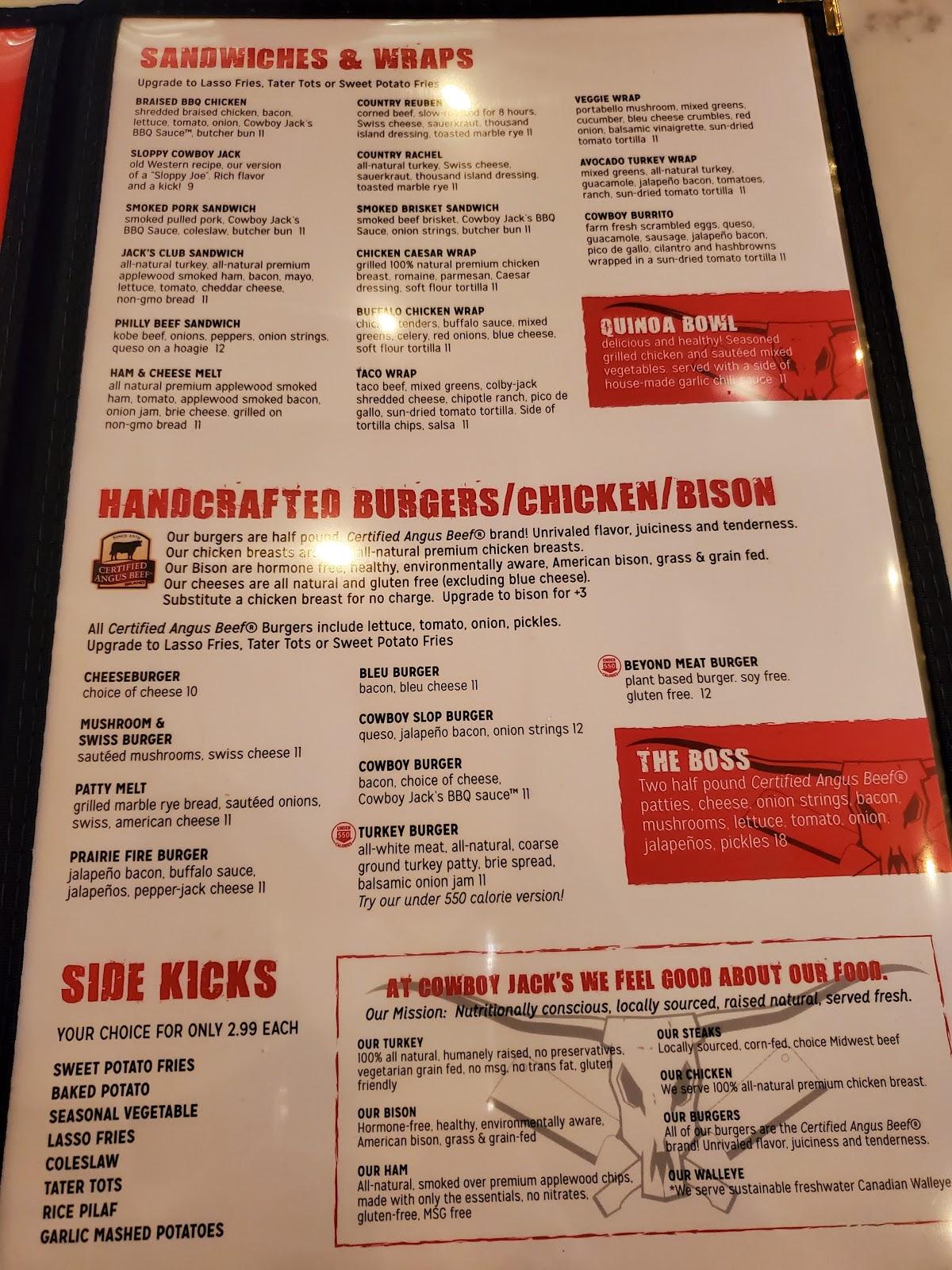 Menu at Cowboy Jacks pub & bar, Fargo