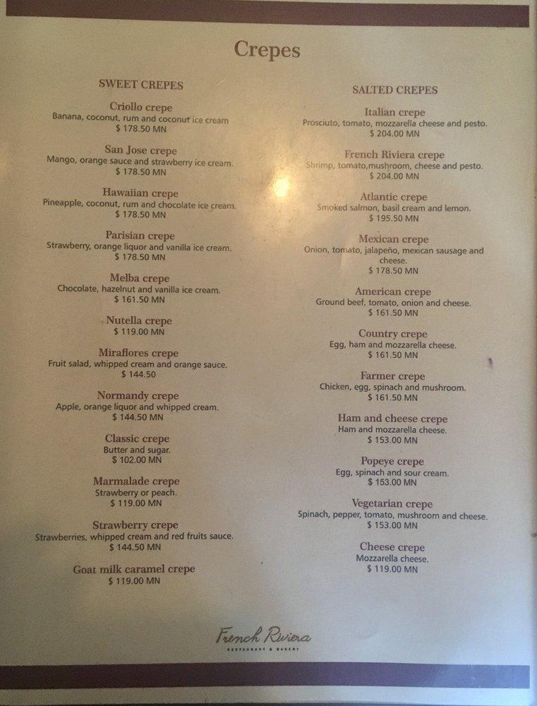 Menu at French Riviera bakery, San José del Cabo