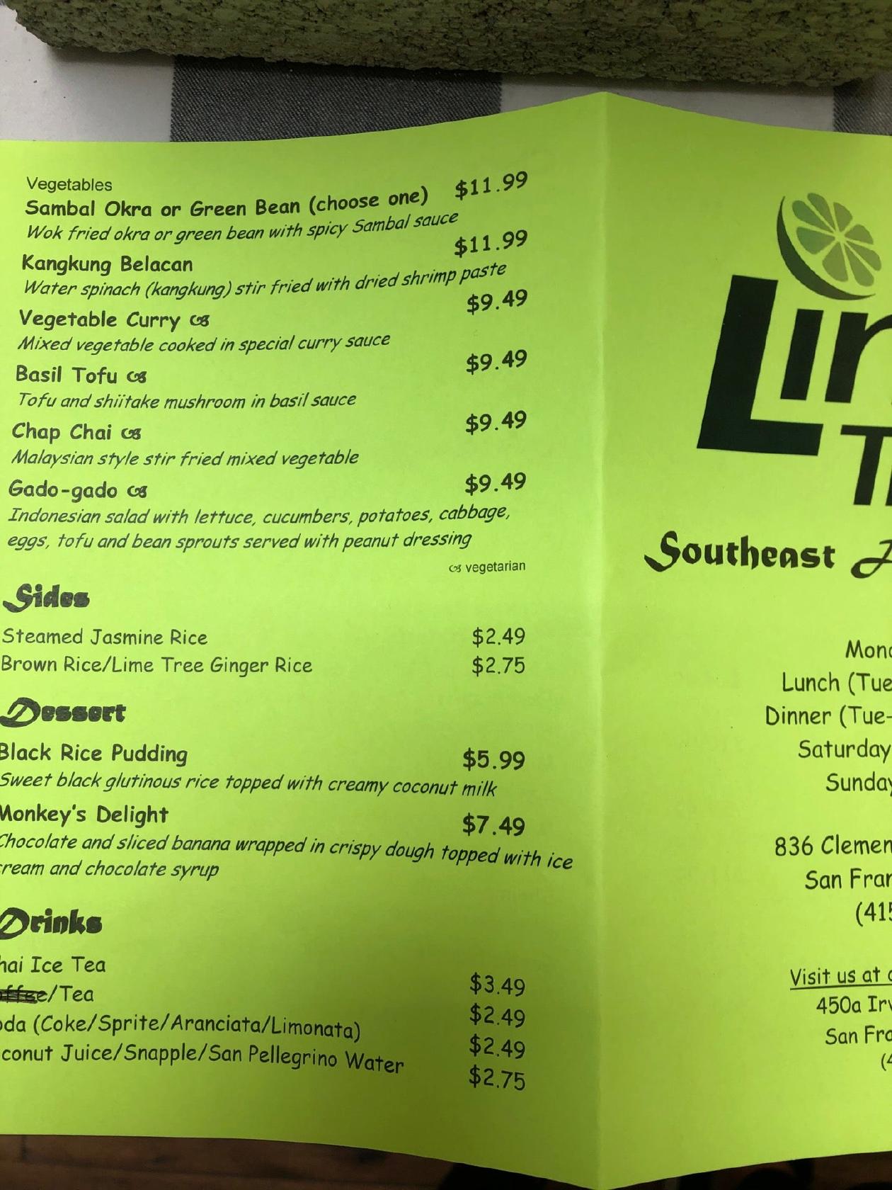 Carta del restaurante Lime tree, San Francisco, 836 Clement St