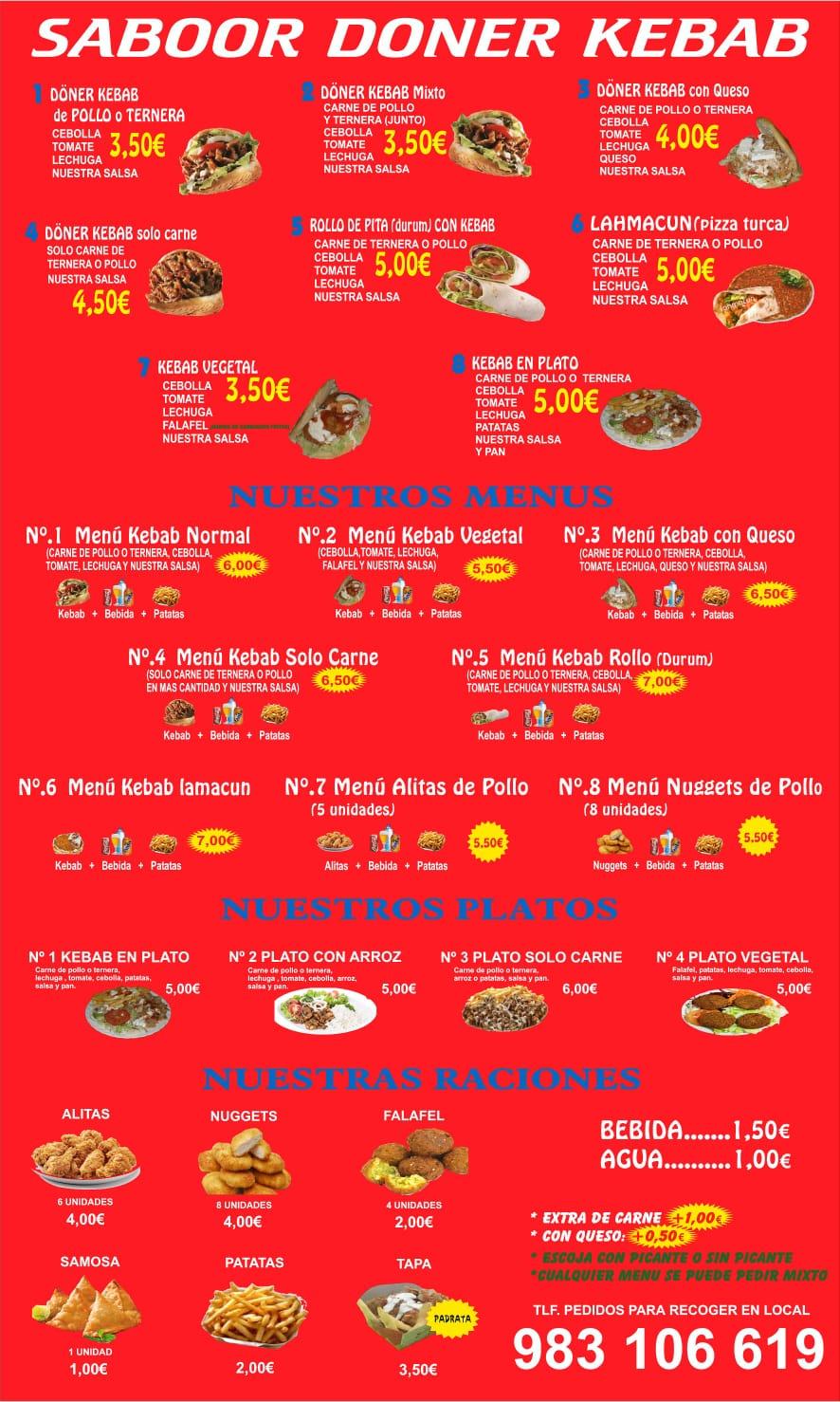 Menu at SABOOR DONER KEBAB restaurant, Valladolid
