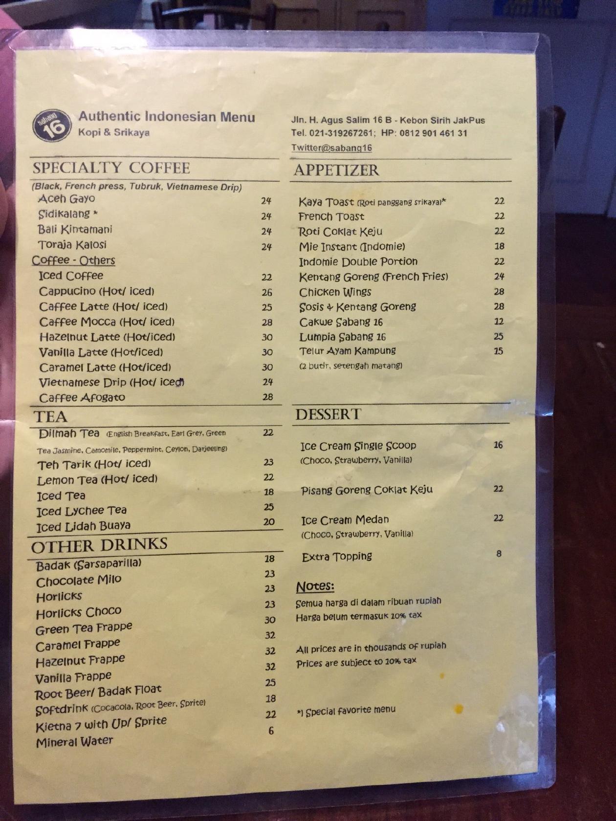 Carta del café Sabang 16 Kopi & Srikaya, Yakarta, Jl. H. Agus Salim No.16