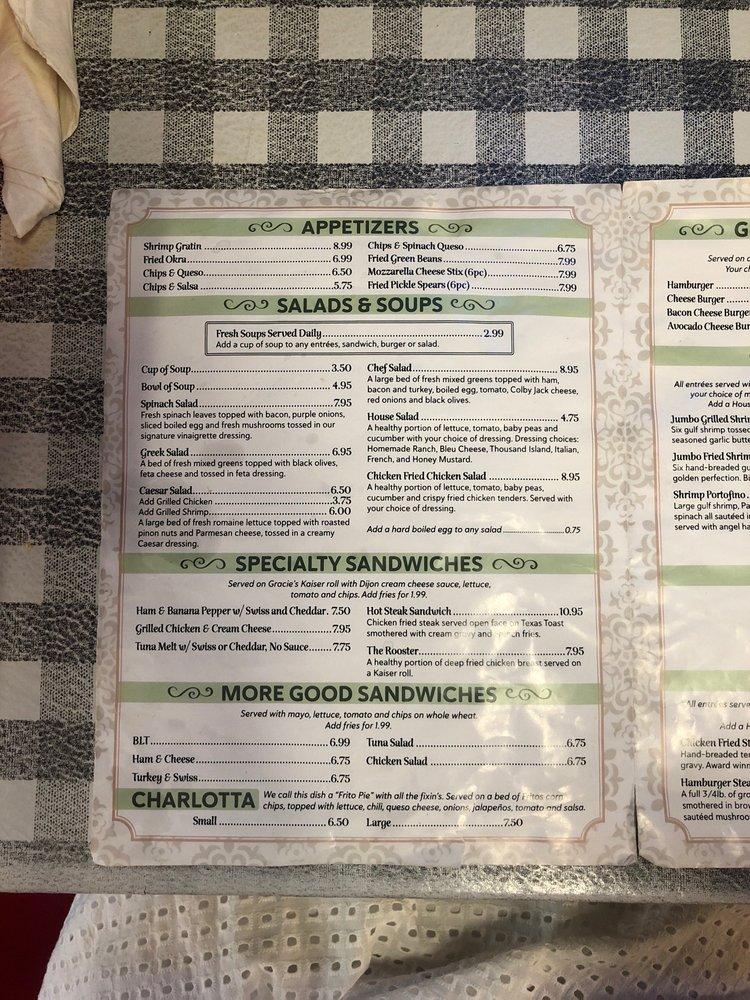 Menu at The Grace Miller, "Gracie's" desserts, Bastrop
