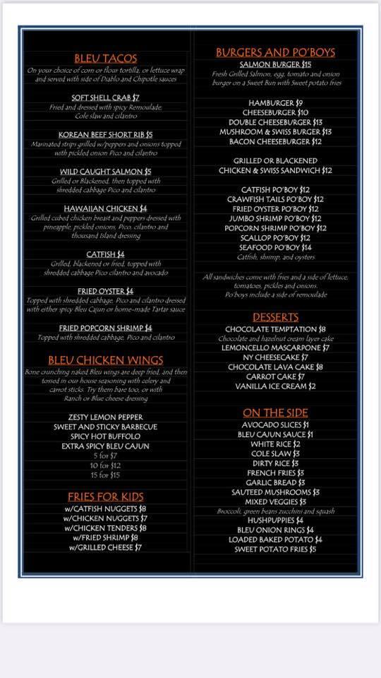 Menu at Bleu oyster bar and seafood, Houston