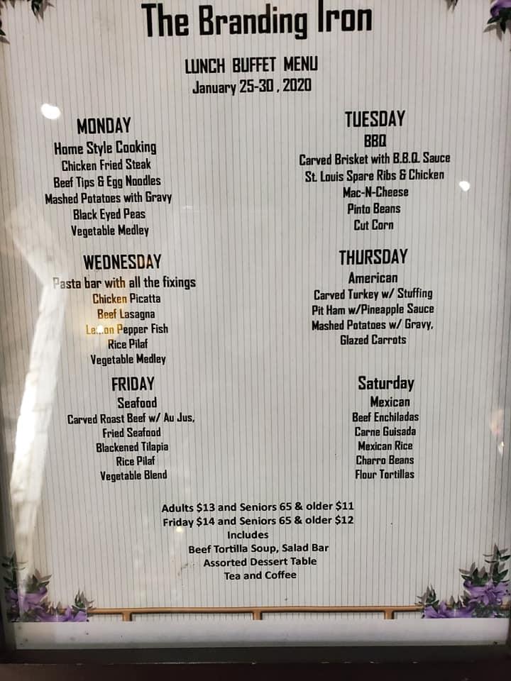 Menu at Branding Iron restaurant, Kerrville