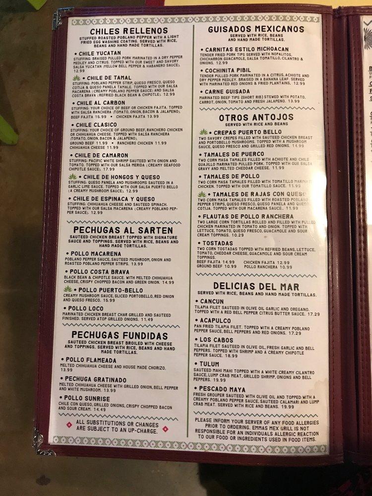 Menu at Emma's Mex Grill restaurant, Pearland