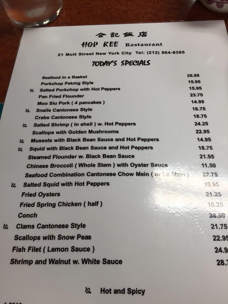 Menu at Hop Kee Restaurant, New York City