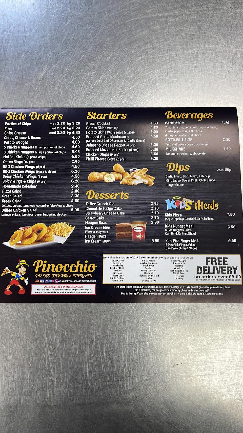 Menu at Pinocchio Pizzas pizzeria, Atherstone