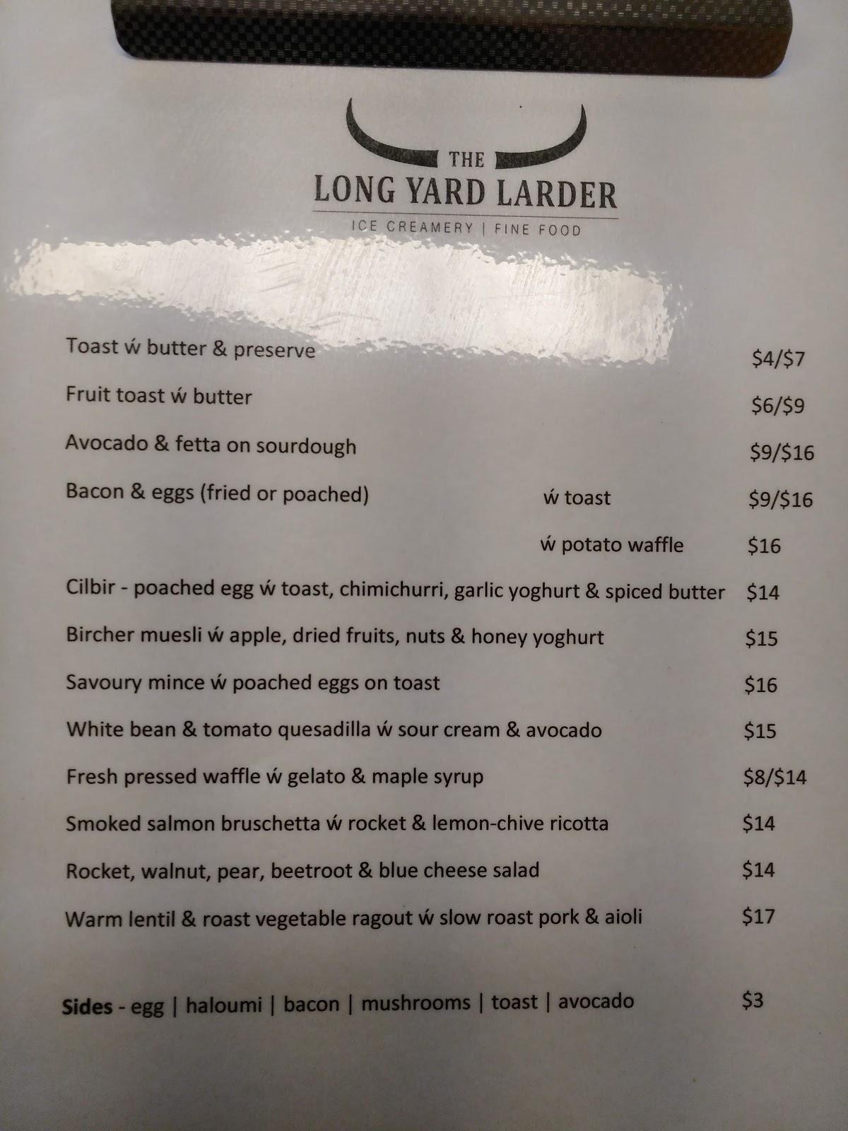 Menu at The Long Yard Larder cafe, Samford Village