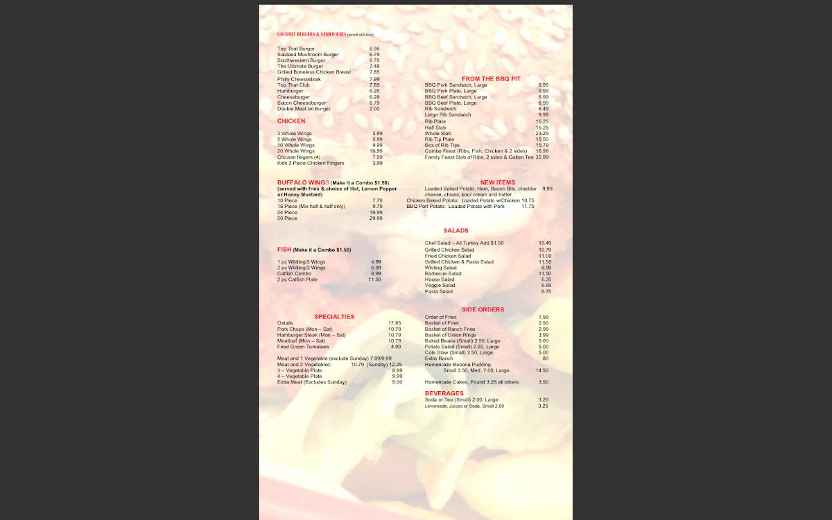 Menu at Top That Grille II restaurant, Birmingham, Bessemer Rd