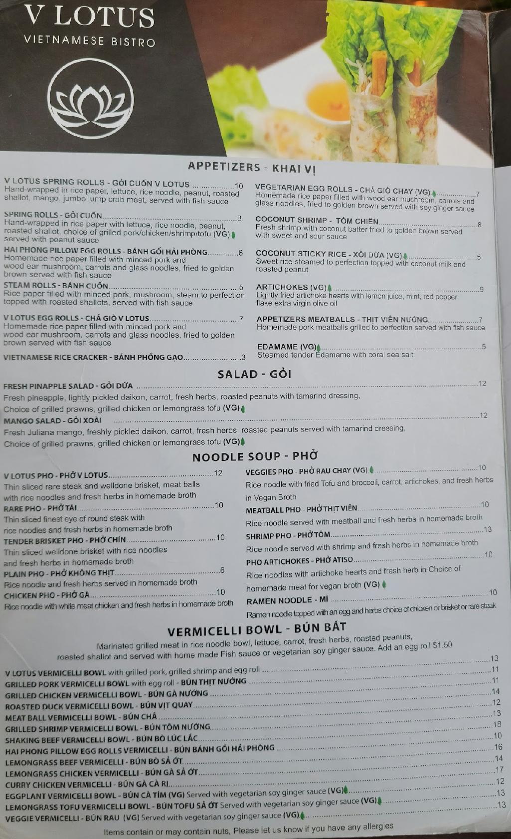 Menu at V Lotus restaurant, Sugar Land