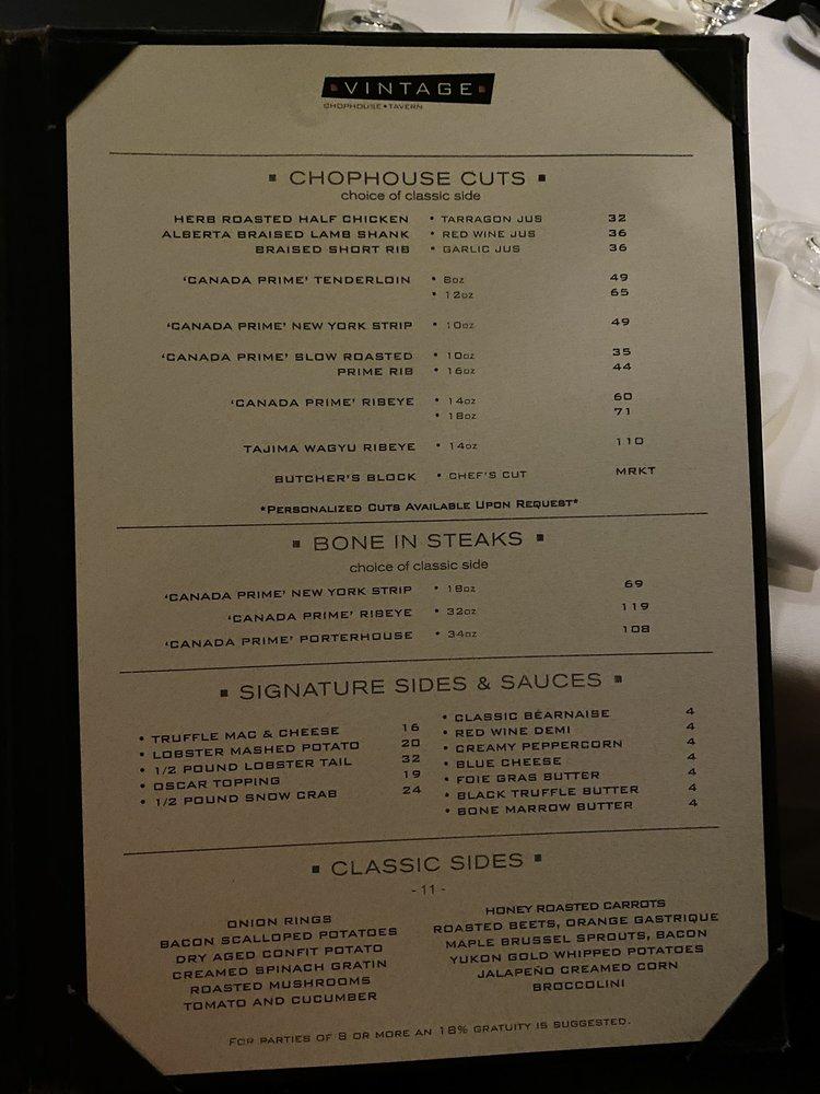 Menu at Vintage Chophouse and Tavern pub & bar, Calgary