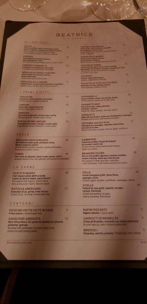 Menu au Beatrice restaurant, Montréal