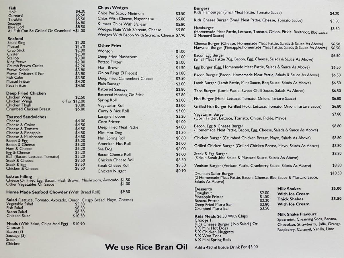 Menu at Drunken Crayfish restaurant, Auckland