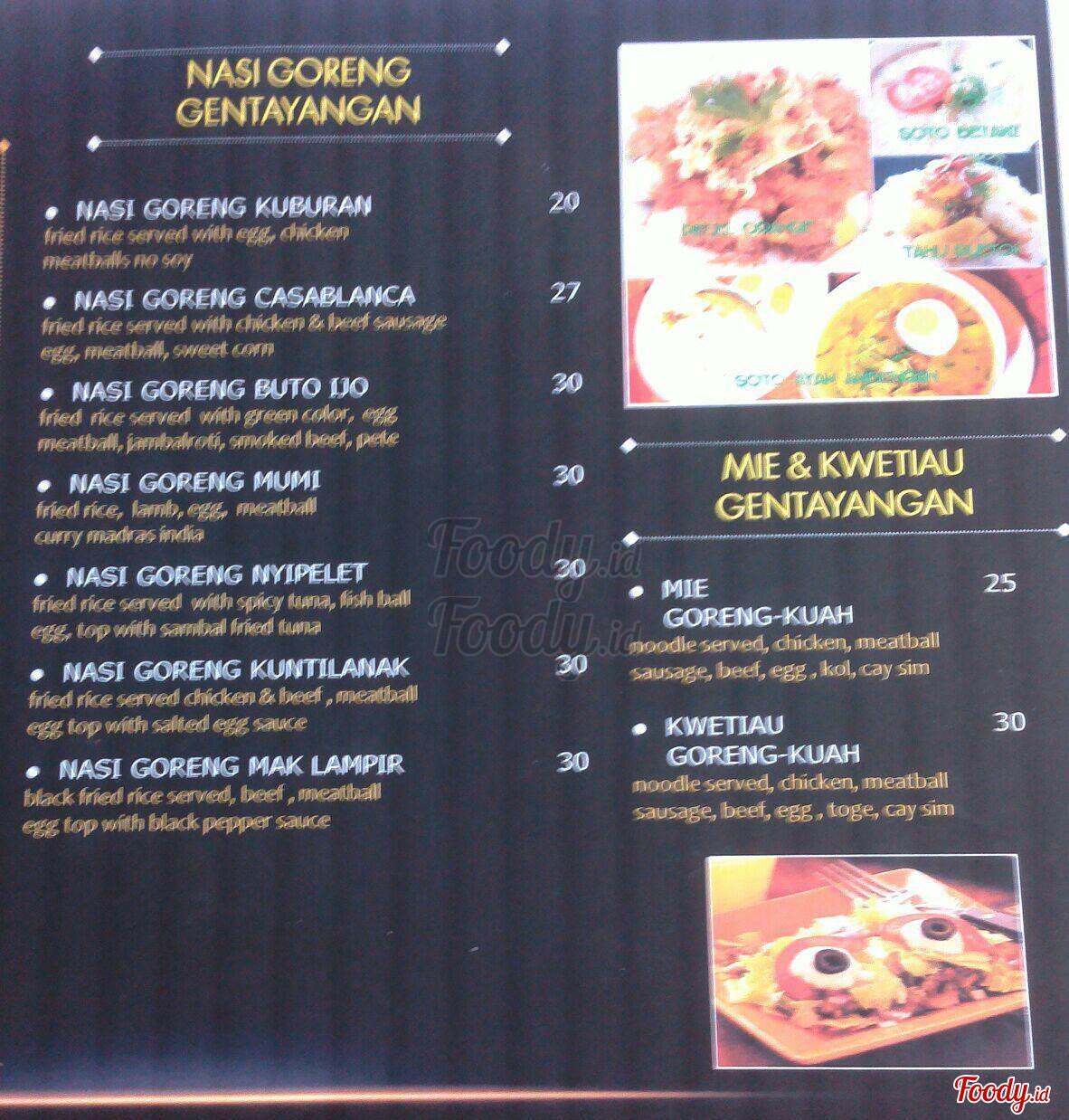 Menu at Nasi Goreng Gentayangan restaurant, Bandung, Jl. Sulanjana No.05